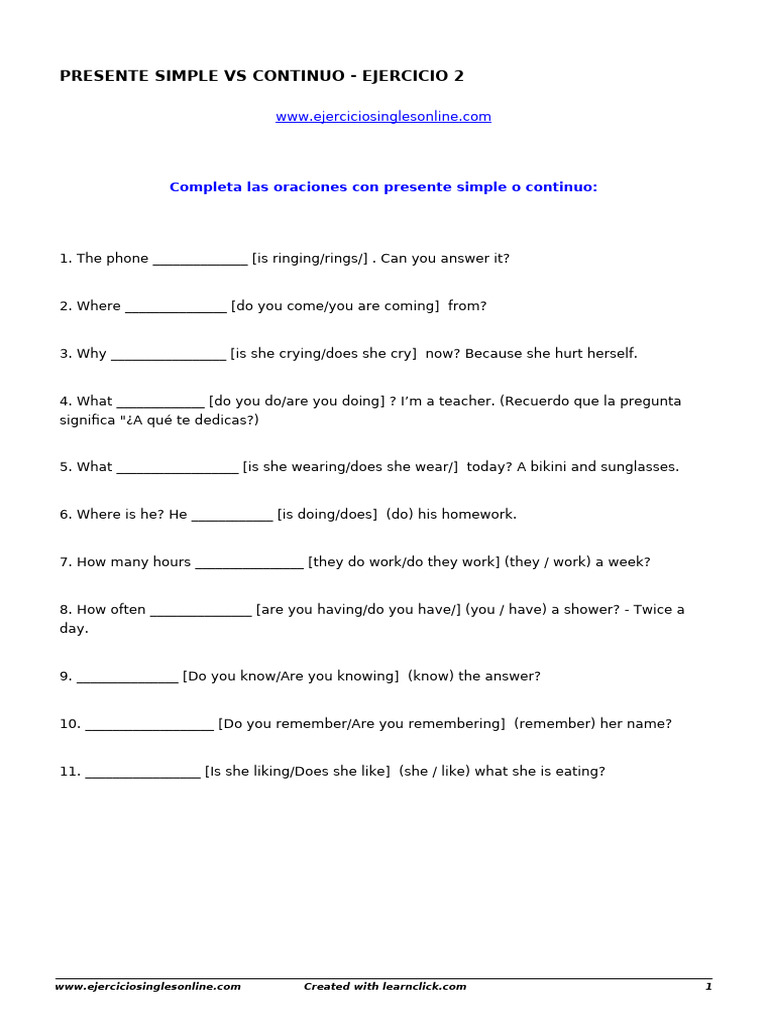 Presente Simple Vs Continuo Ejercicio 2 | PDF