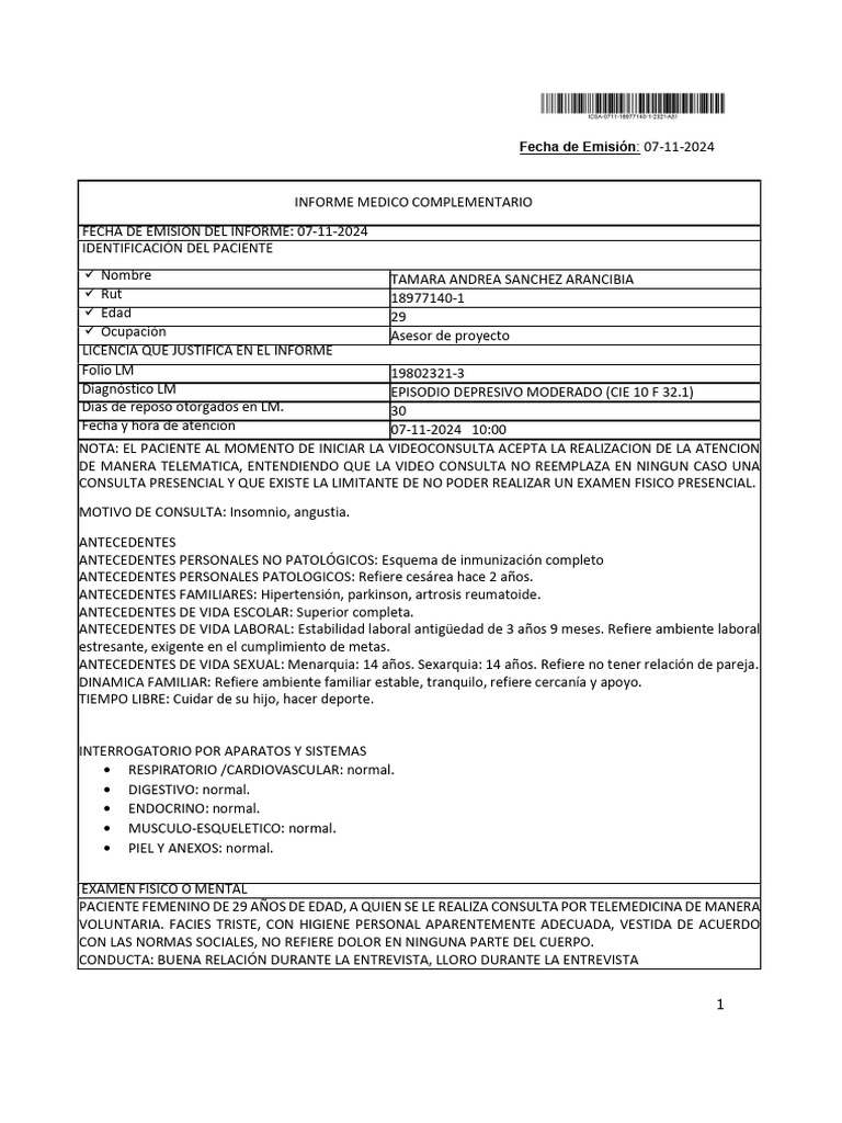 Informe Tamara Andrea Sanchez Arancibia Folio 19802321-3 | PDF | Depresión (estado de ánimo ...
