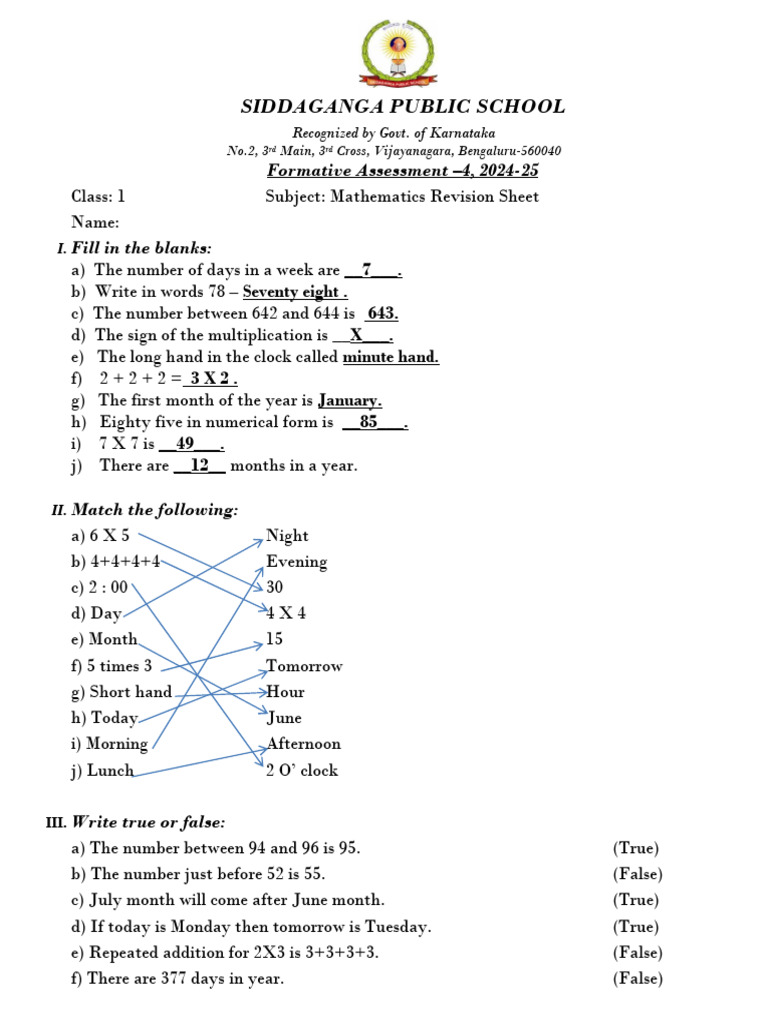 FA4 - Math - Revision Sheet - Class 1 | PDF | Mathematics