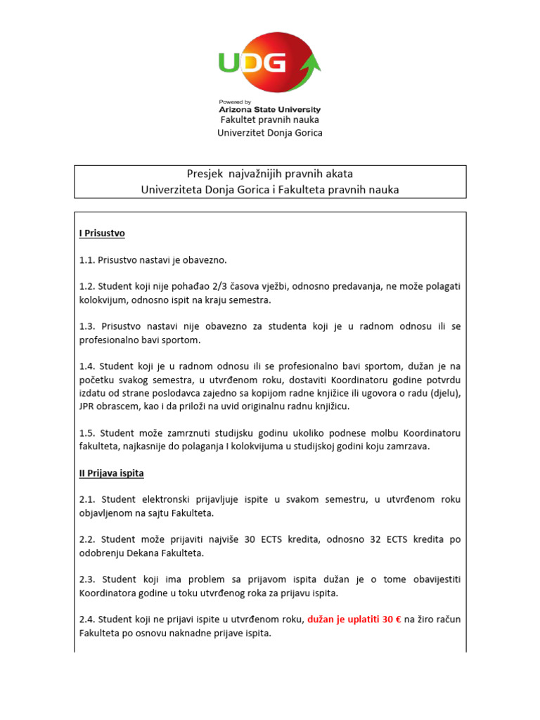 Presjek Najvažnijih Pravnih Akata FPN UDG | PDF