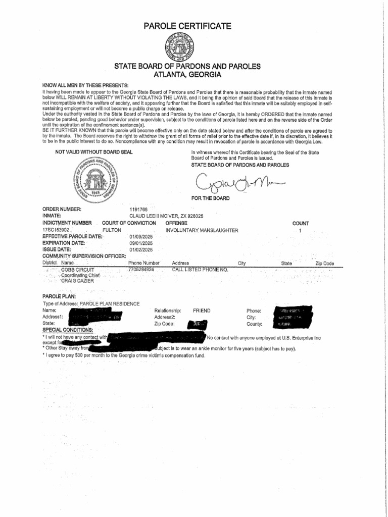Tex McIver Parole Certificate | PDF
