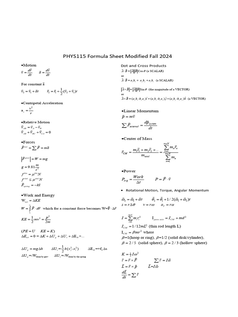 PHYS115 Formula Sheet | PDF | Applied And Interdisciplinary Physics | Classical Mechanics