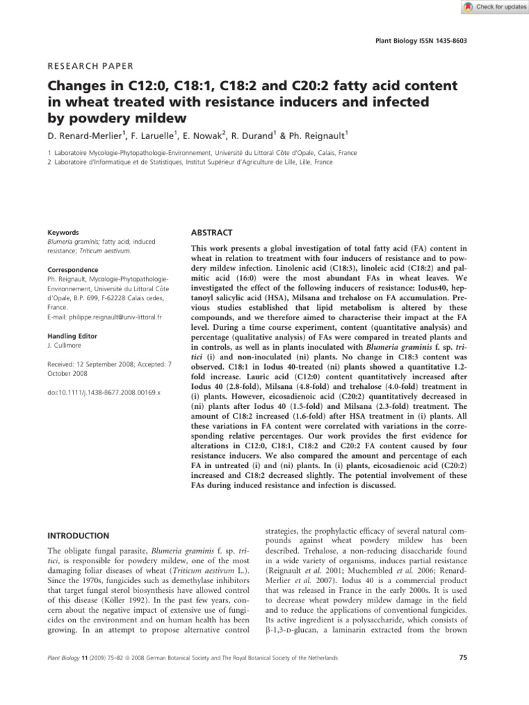 Plant Biology - 2008 - Renard‐Merlier - Changes in C12 0 C18 1 C18 2 and C20 2 fatty acid ...