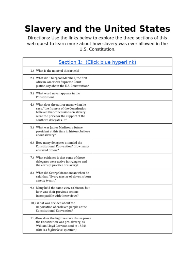 Slavery and The United States Web Quest | PDF | Constitutional ...