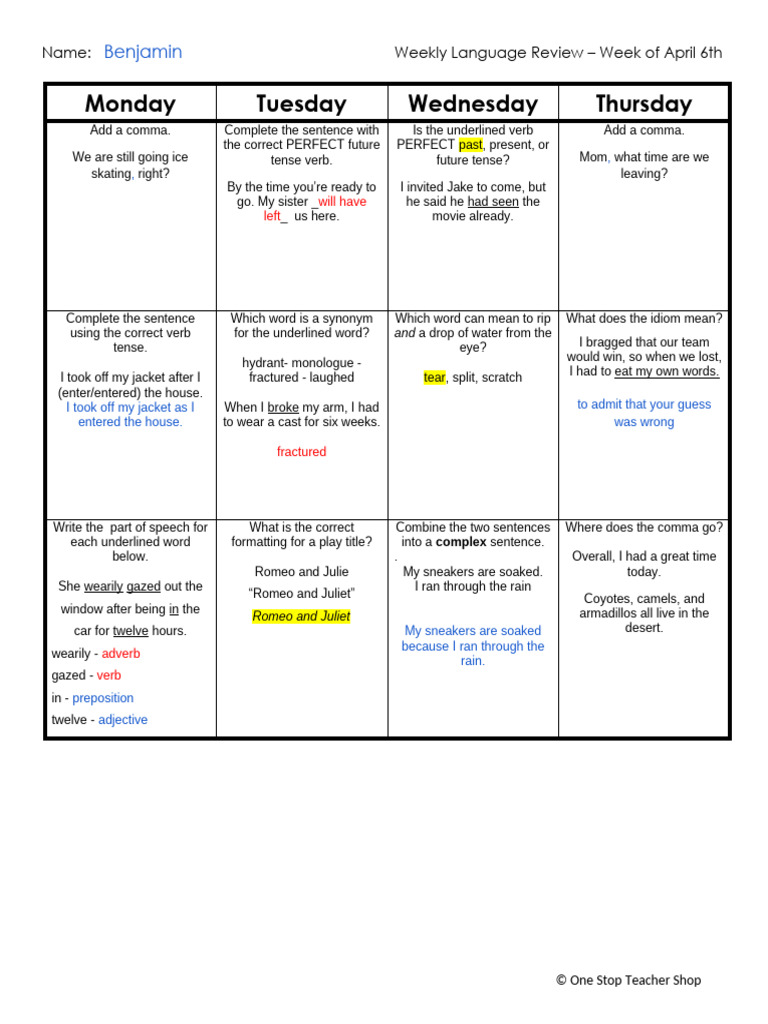 Language Skills Weekly Review | PDF | Verb | Linguistic Typology