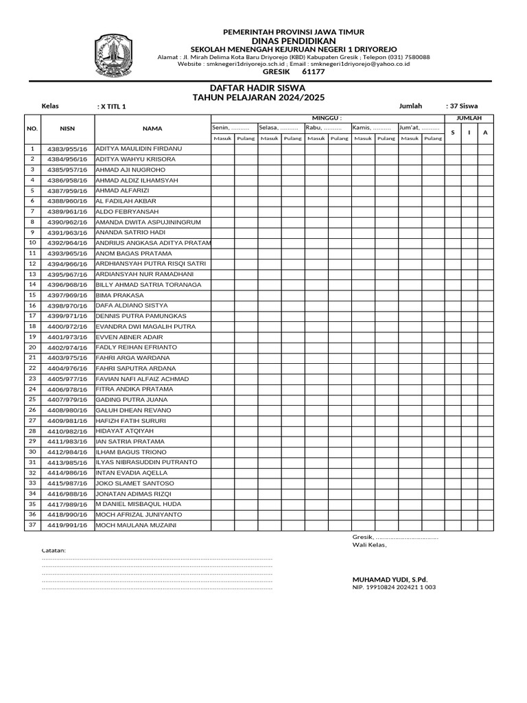 Absensi Siswa Kelas X EDIIT 2024-2025 | PDF