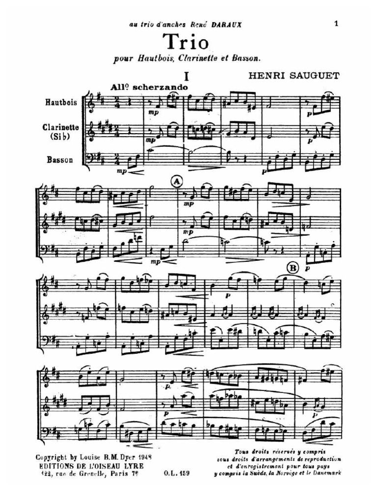 Sauguet Trio For Oboe Clarinet and Bassoon Score | PDF