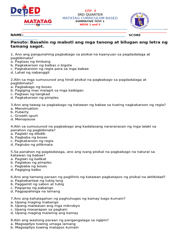 Panuto: Basahin NG Mabuti Ang Mga Tanong at Bilugan Ang Letra NG Tamang Sagot | PDF