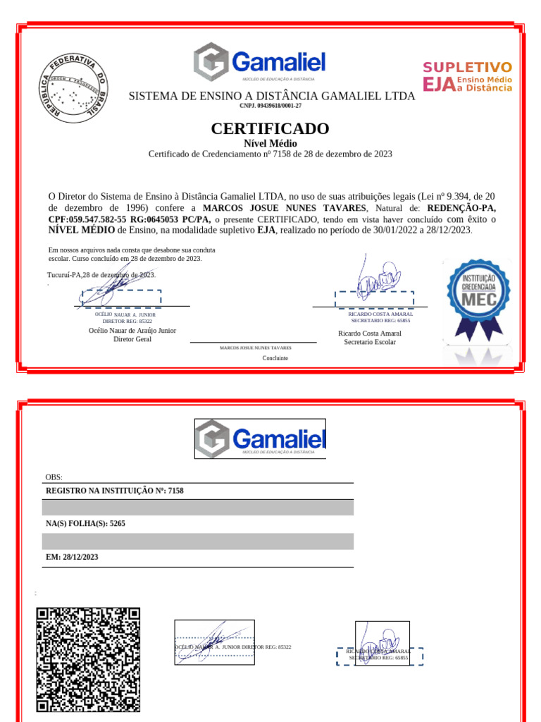Certificado de Conclusão EJA Nível Médio | PDF