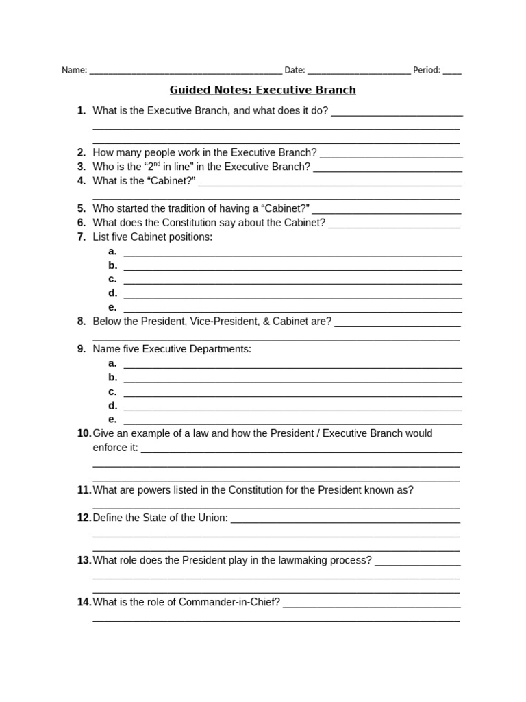 Guided Notes Executive Branch | PDF | American Government | Presidents ...