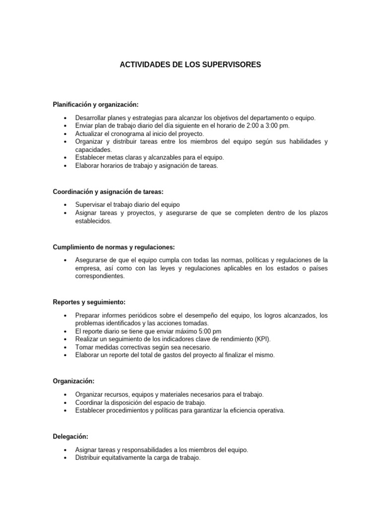 Actividades Del Supervisor | PDF | Indicador de rendimiento | Gestión ...