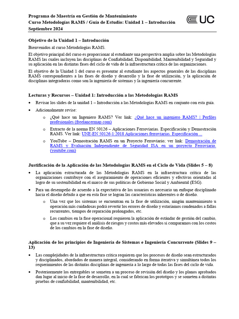 UC Metodologías RAMS - 1.Introducción - Guía de Estudio 20240923 (2) | PDF | Ingeniería de ...