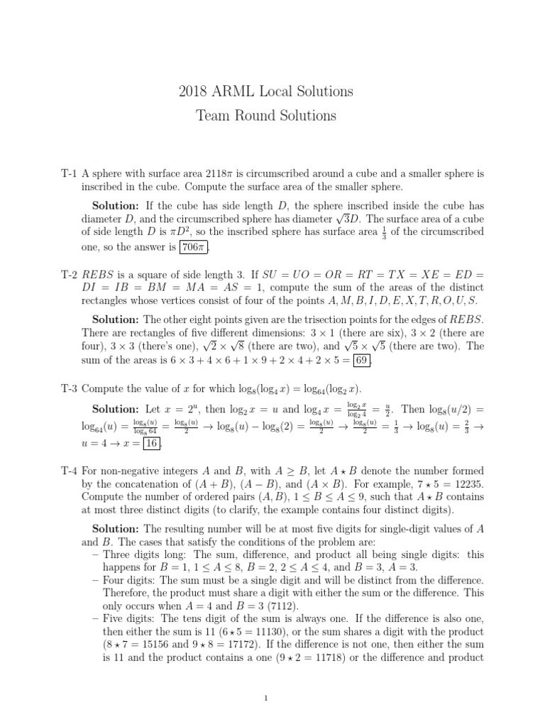 2018 ARML Local Team Round Solutions | PDF | Area | Square Root