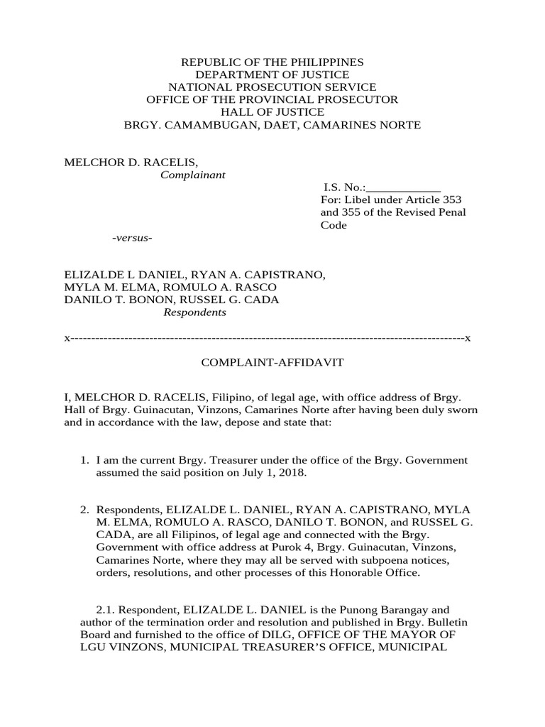 Complaint-Affidavit Libel Case | PDF | Defamation | Criminal Law