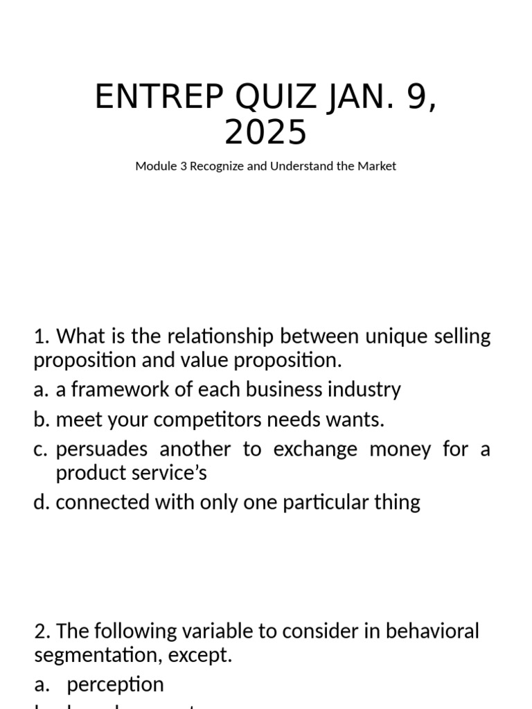 ENTREP QUIZ JAN 9 m3 | PDF | Market Segmentation | Marketing