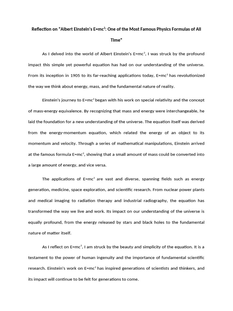 Reflection On Albert Einstein E mc2 One of The Most Famous Physics ...