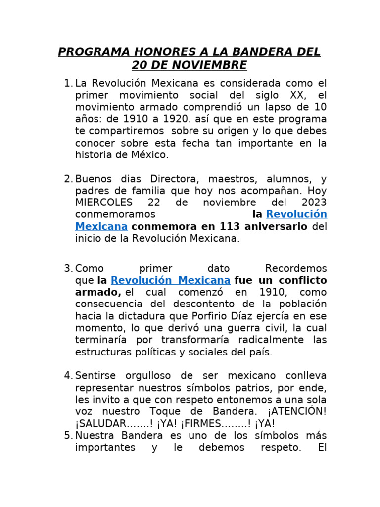 Programa Honores A La Bandera Del 20 de Noviembre | PDF | revolución mejicana | México