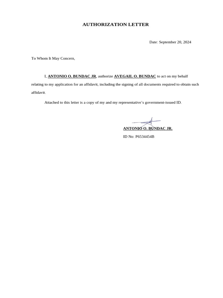 Authorization Letter for Affidavit | PDF