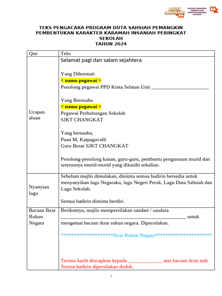 Teks Pengacara Majlis Duta Sahsiah | PDF