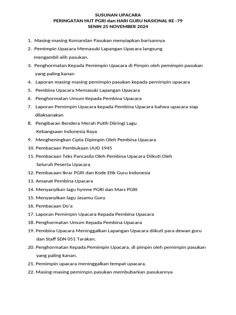SUSUNAN ACARA Hari Guru Ke 79 2024 | PDF