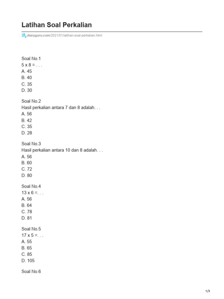 Latihan Soal Perkalian Kelas 3 SD | PDF