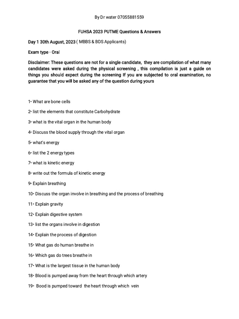 FUHSA 2023 PUTME DAY 1 Compiled Questions & Answers | PDF | Exhalation ...