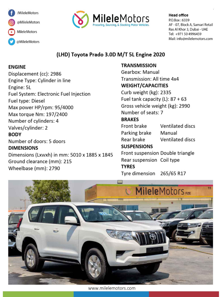 LHD Toyota Prado 3.0D MT 5L Engine 2020 | PDF | Manual Transmission ...