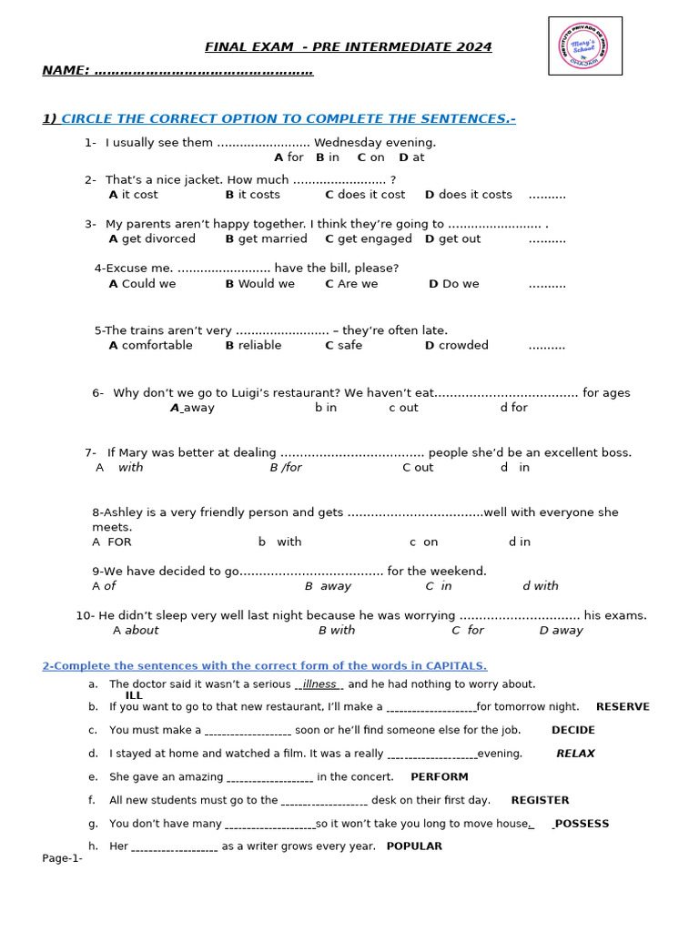 FINAL EXAM 24 luis pre intermediate (1) | PDF