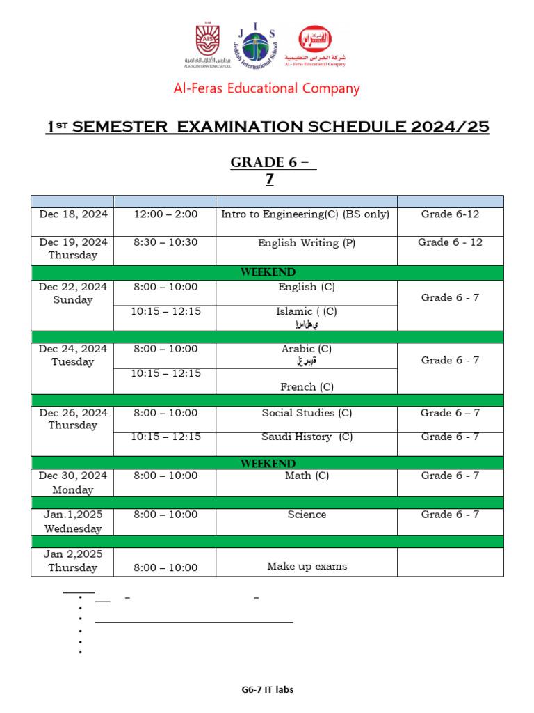 FIRST SEMESTER SCHEDULE-GRADE-6-TO-7-2024-25-adl | PDF