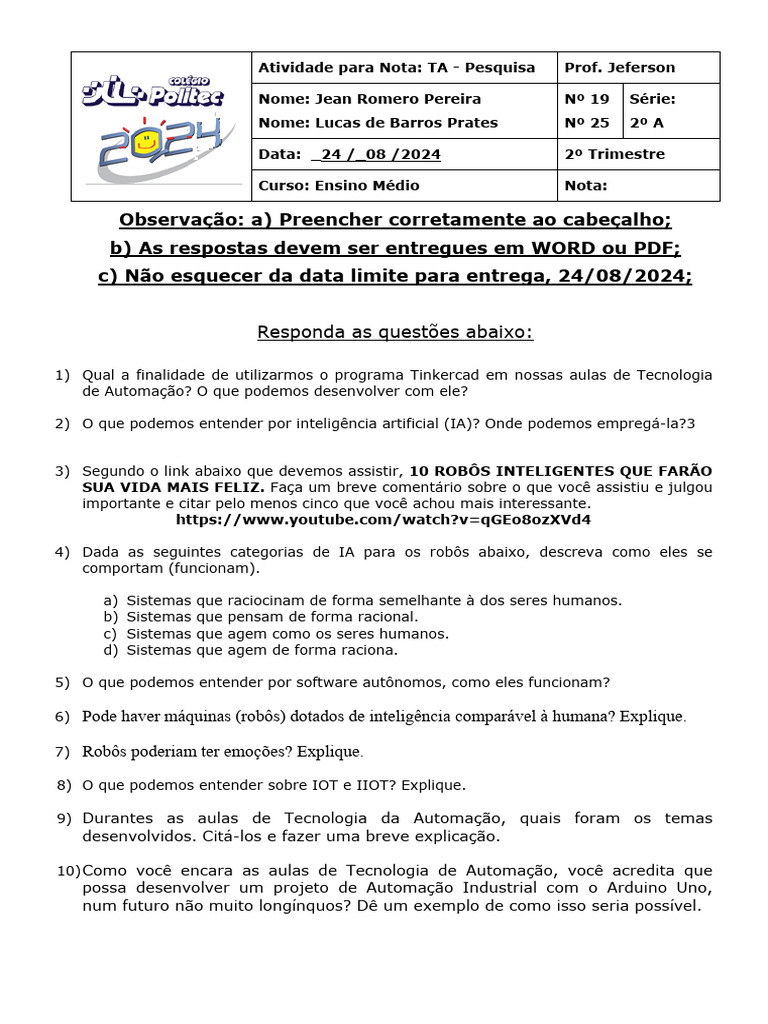 Atividade Jefferson pos-ferias (1) | PDF | Inteligência artificial | Inteligência Artificial (IA ...