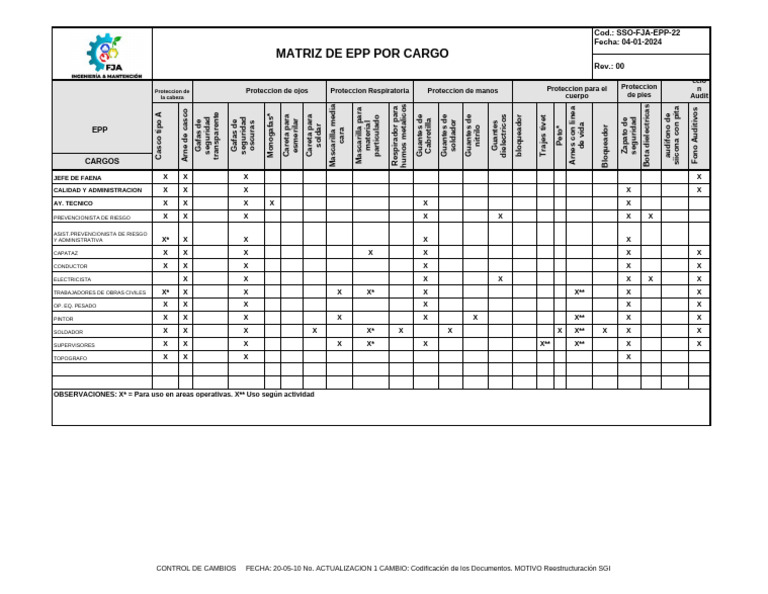 Sso-Fja-Epp-22 Matriz-Epp-Por-Cargo | PDF