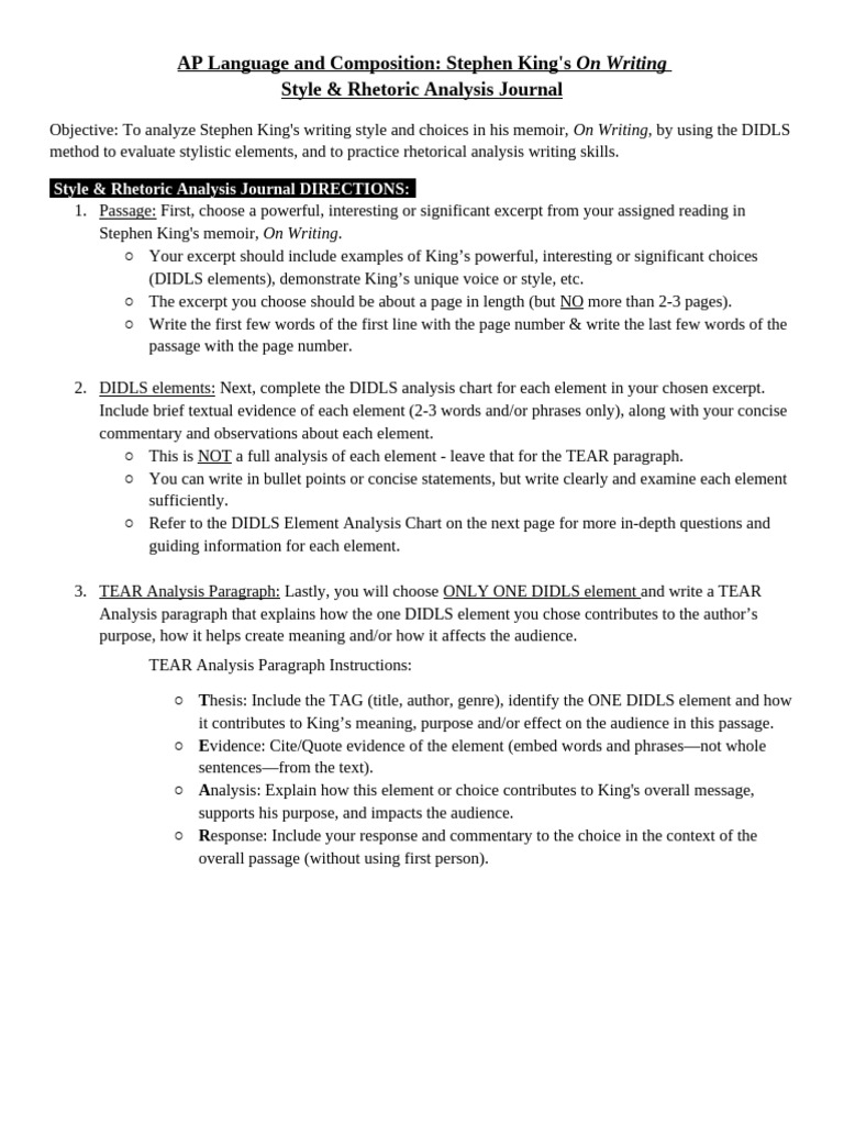 AP Lang - Stephen King's On Writing Style and Rhetoric (DIDLS) Analysis ...