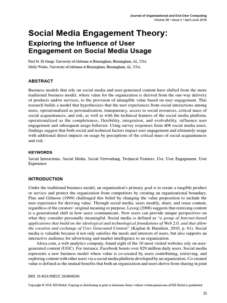 Di Gangi, P. M., & Wasko, M. M. (2016) - Social Media Engagement Theory | PDF | Social Media ...