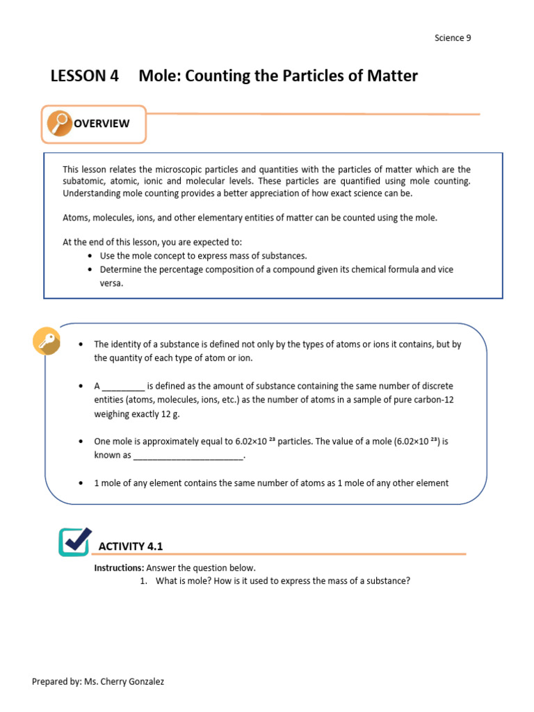 Q2 Lesson 4 - Mole Concept | PDF | Mole (Unit) | Chemical Substances