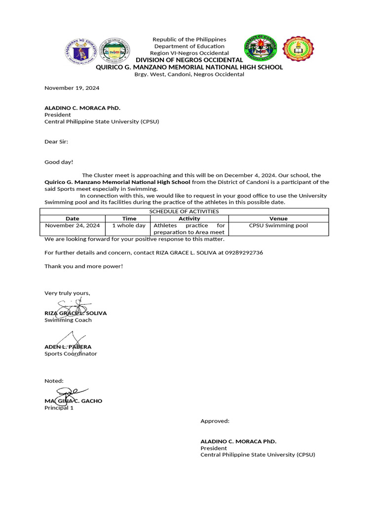 Letter For Cpsu Swimming Pool | PDF