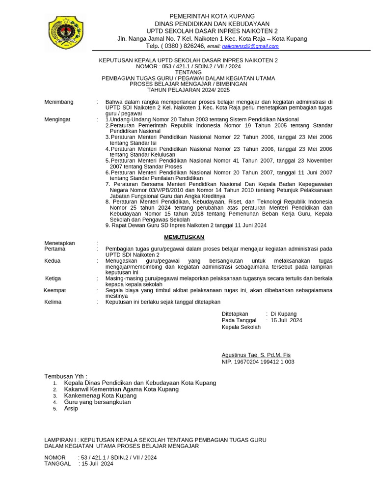 SK Pembagian Tugas Guru 2024-2025 | PDF