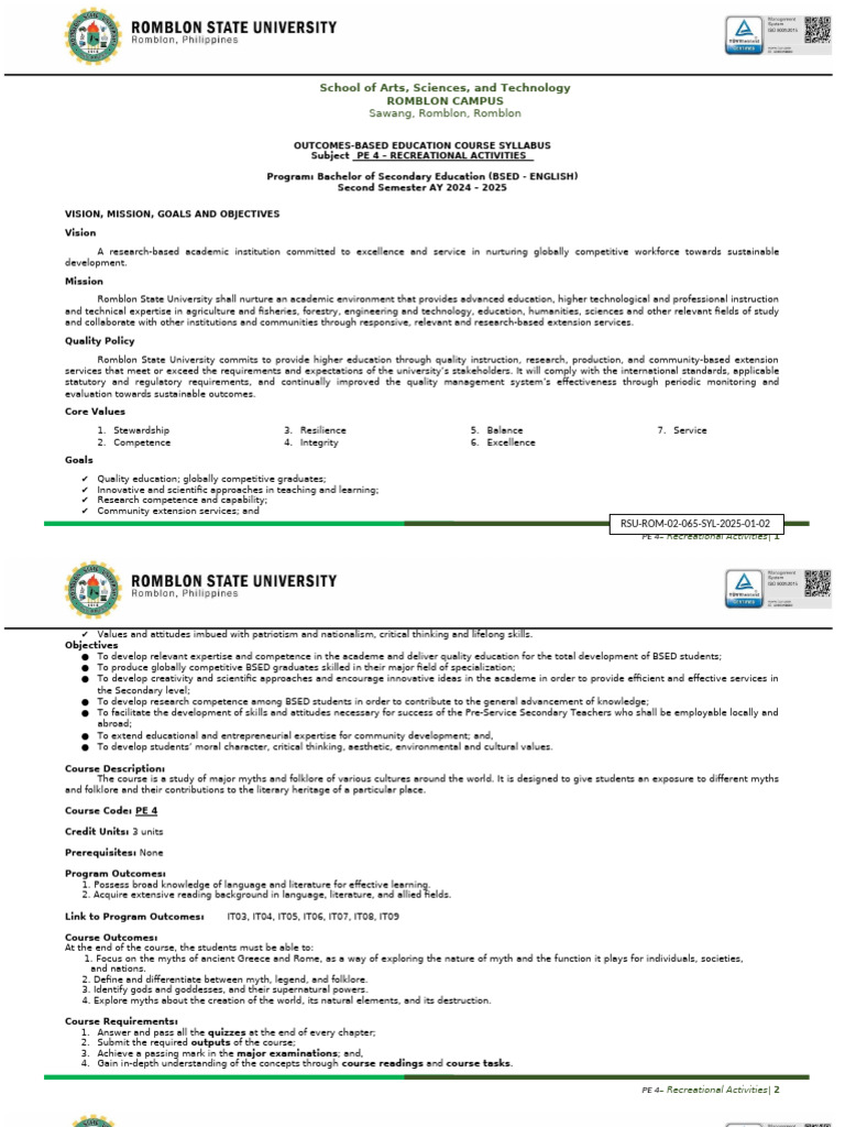 PE 4 Syllabus: Recreational Activities | PDF | Academic Dishonesty