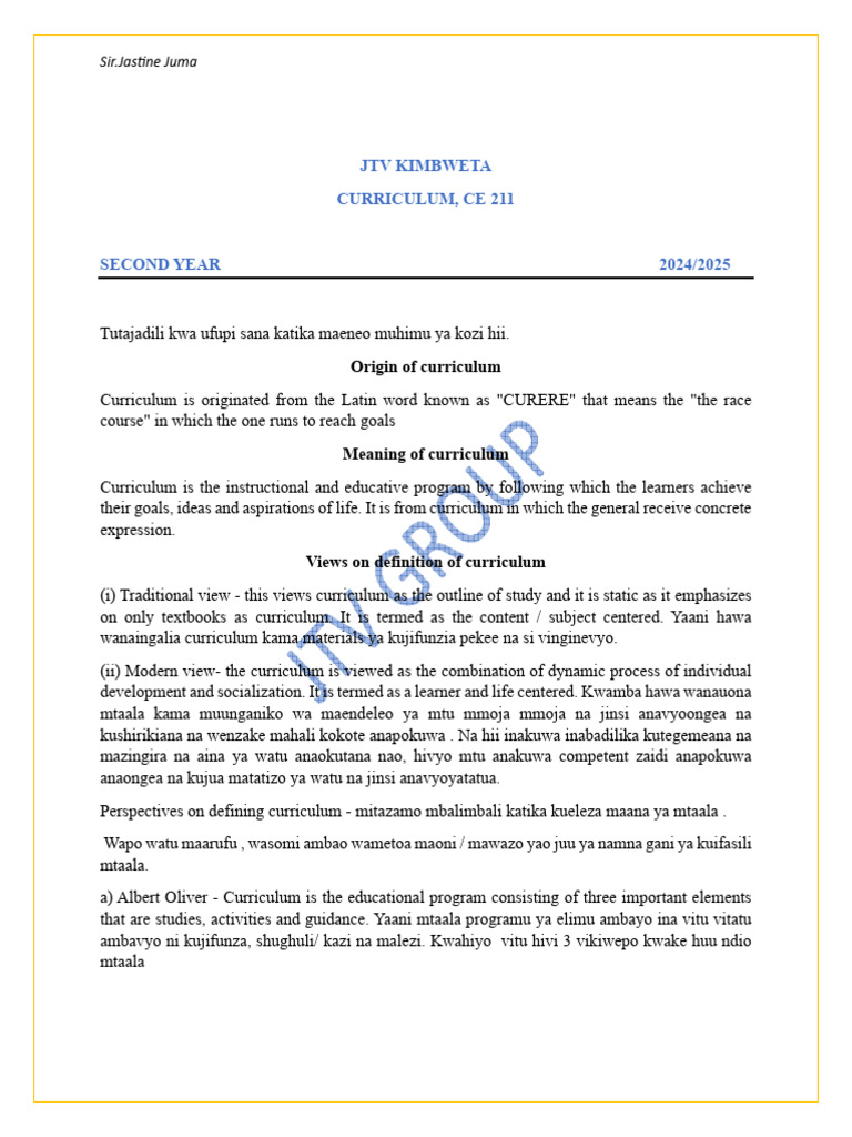 JTV Kimbweta Curriculum, C e 211 by JJ | PDF | Curriculum | Educational Assessment