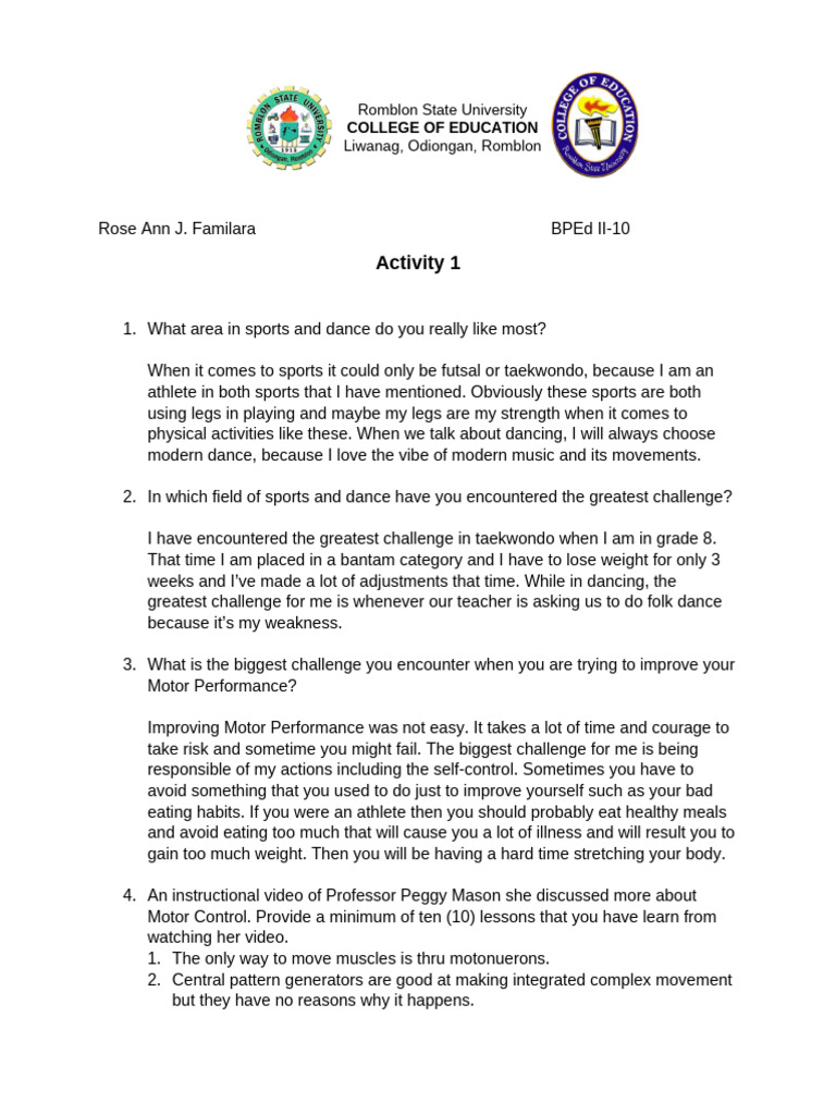 Act. 1 | PDF | Dances | Motor Control