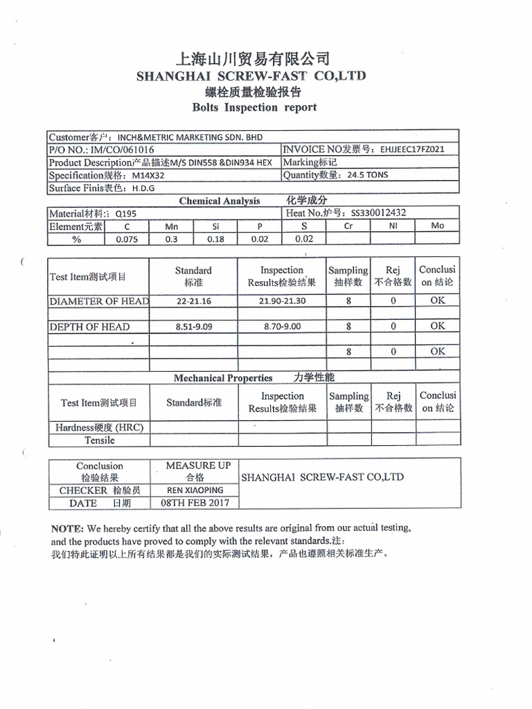 Bolt & Nut Cert | PDF