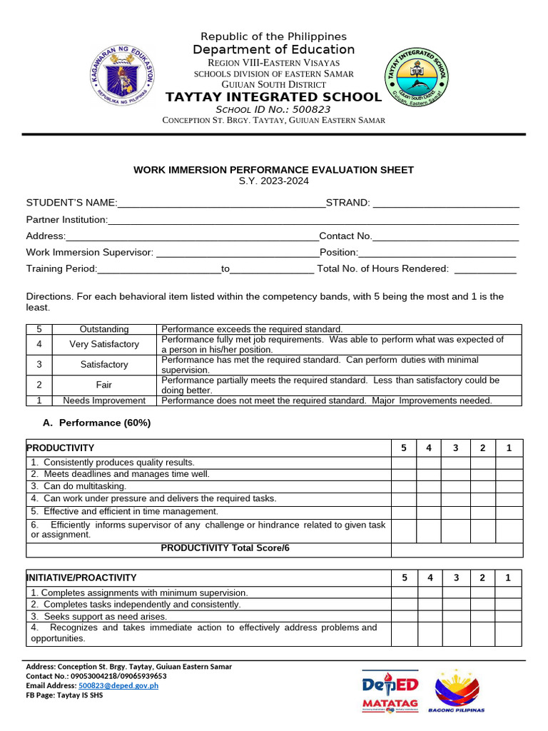 Work Immersion Performance Evaluation Sheet | PDF | Judgment (Law) | Cognition
