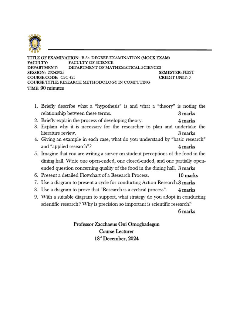 CSC425 - Mock Exam - 2024 - 2025 | PDF