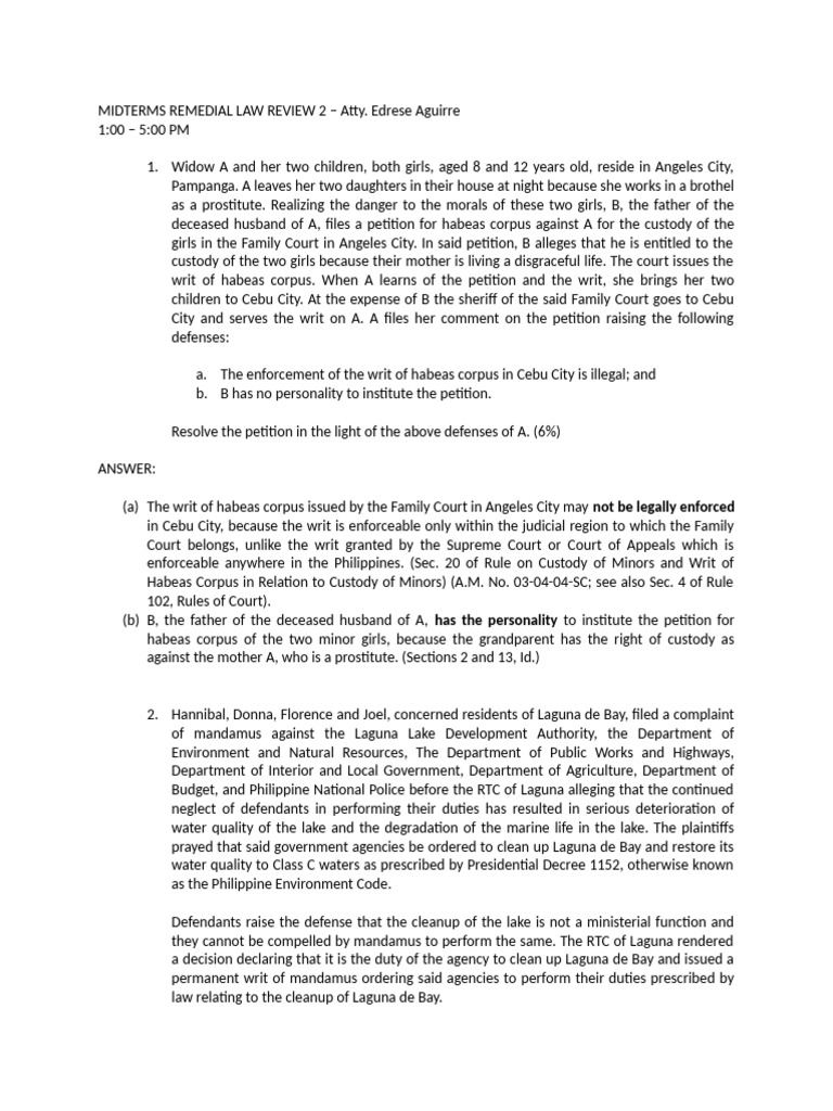 Midterms Remedial Law Review Insights | PDF | Mandamus | Will And Testament