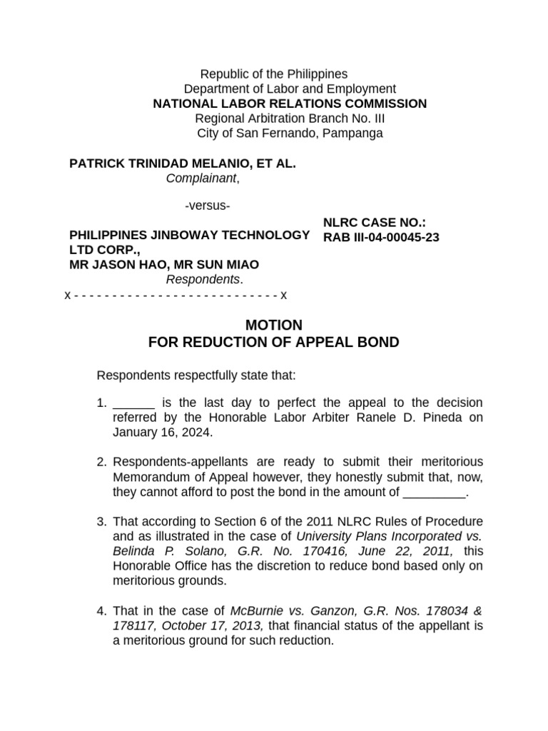 Draft Motion To Reduce Appeal Bond - Melanio | PDF | Appeal | Common Law