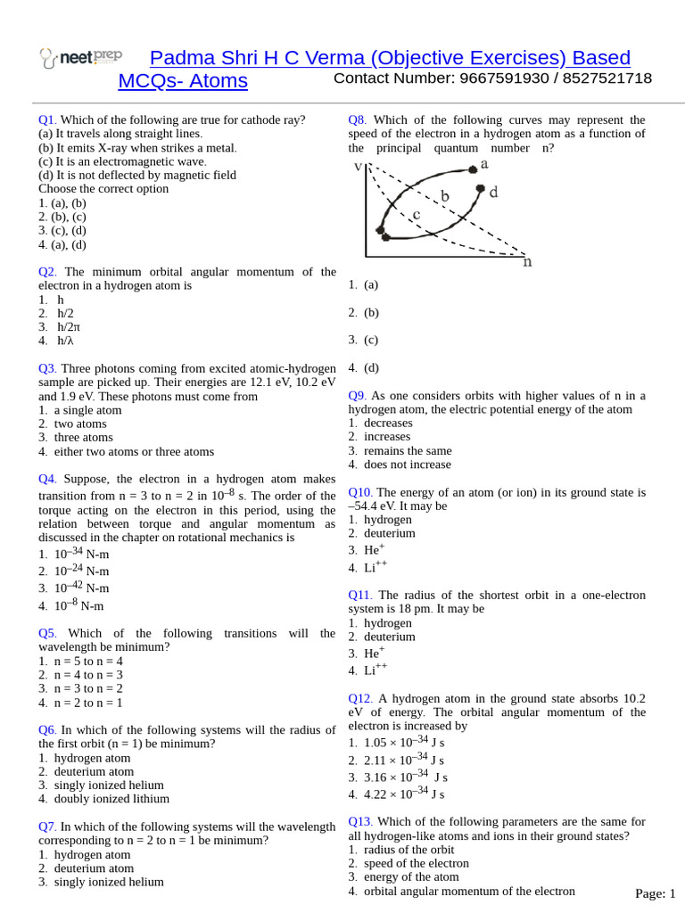 H.C. Verma's MCQs on Atoms | PDF | Atoms | Electron