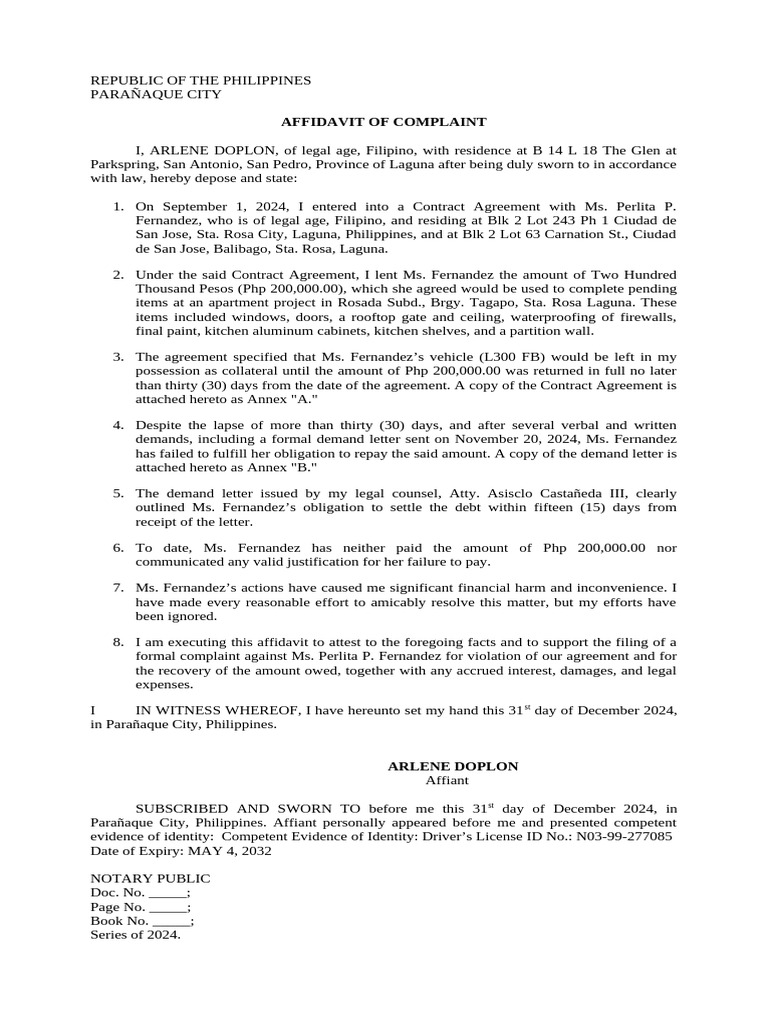 ARLENE COMPLAINT AFFIDAVIT | PDF | Affidavit | Common Law
