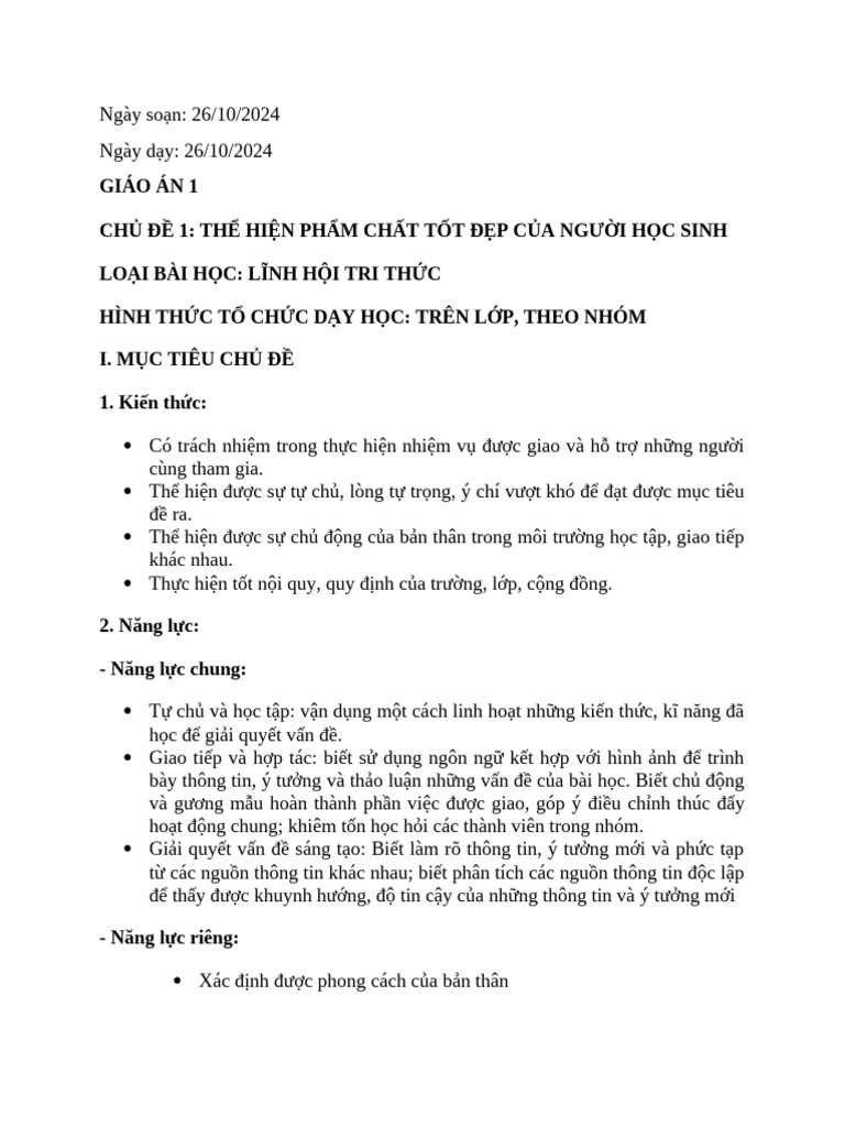 TRẦN NHẤT TRÍ - 022 - BÀI TẬP 1 (GIÁO ÁN) TỔ CHỨC HOẠT ĐỘNG GIÁO DỤC, DẠY HỌC (SỬA) | PDF