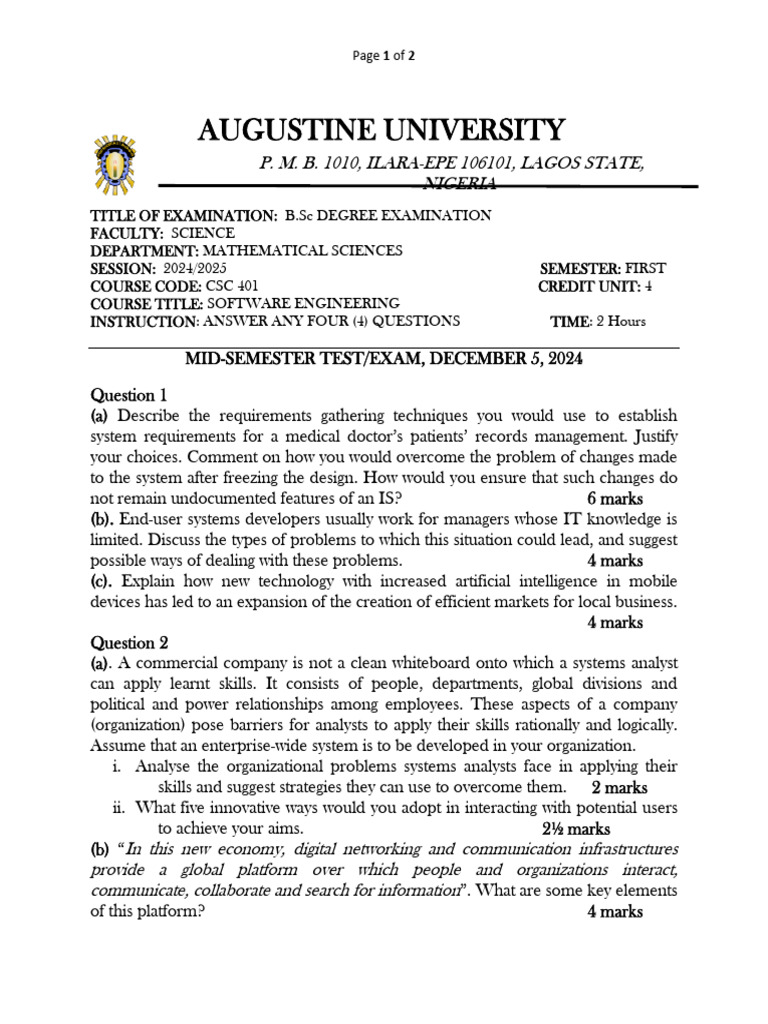 CSC401 - Software Engineering - 2024 - 2025 - Mid - Semester - Exam ...