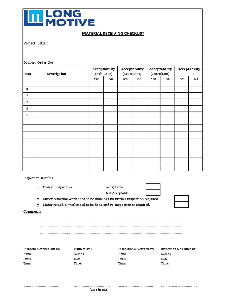 Material Receiving Checklist | PDF