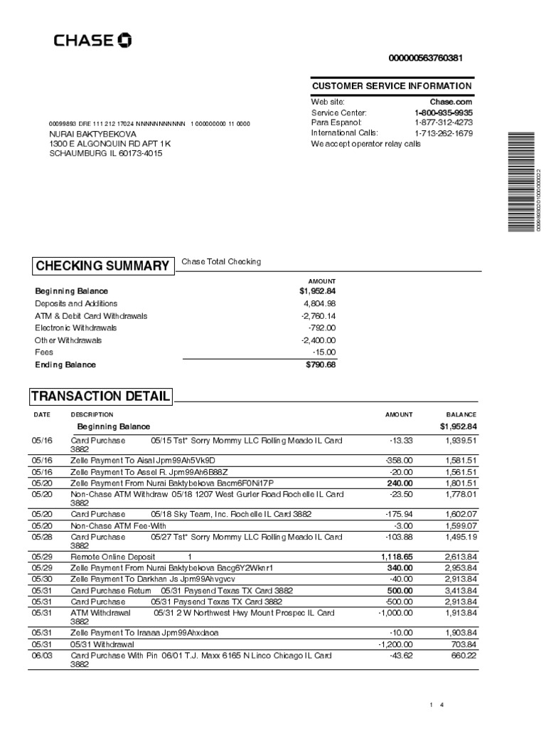 Chase Total Checking Statement Summary | PDF | Transaction Account ...
